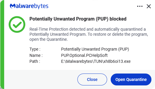 Malwarebytes Threat Alert | PUP.Optional.PCHelpSoft