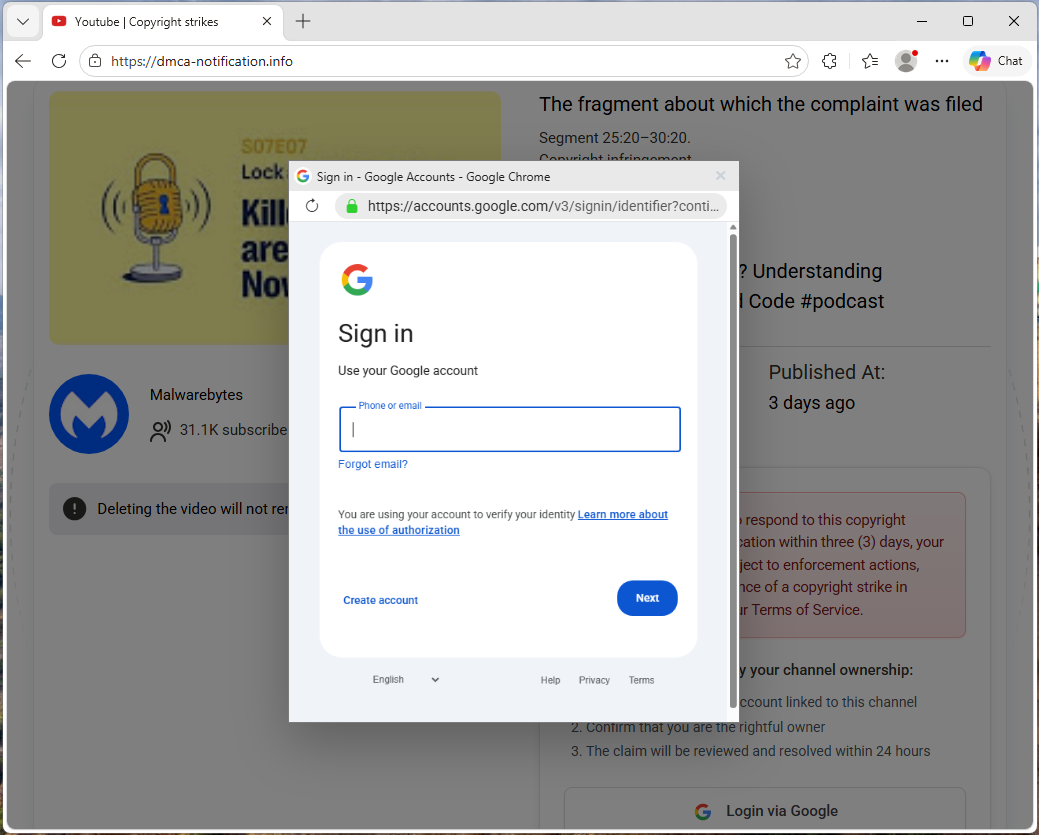 Fake YouTube copyright notices can steal your Google login | Malwarebytes